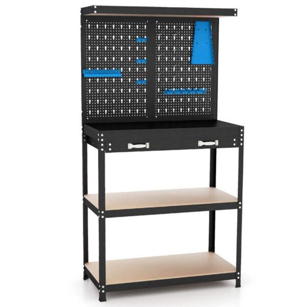 Tool Storage Workbench with 14 Hooks and Pegboard for Garage
